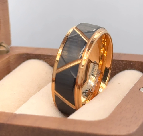 Black IP Trapezoid Center Band Rose Gold IP Tungsten Ring Husband ...