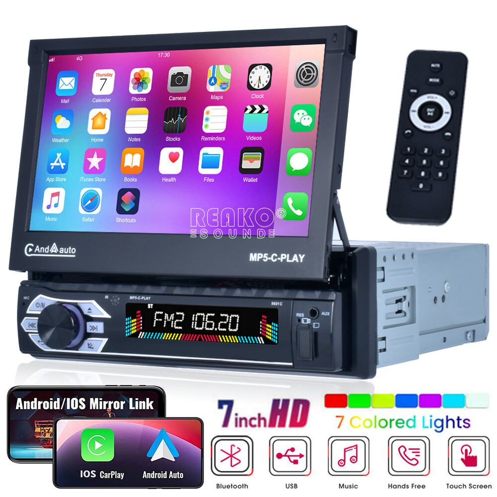 Single 1 DIN 7" Car Radio Touch Screen Stereo Flip out Carplay Player ...