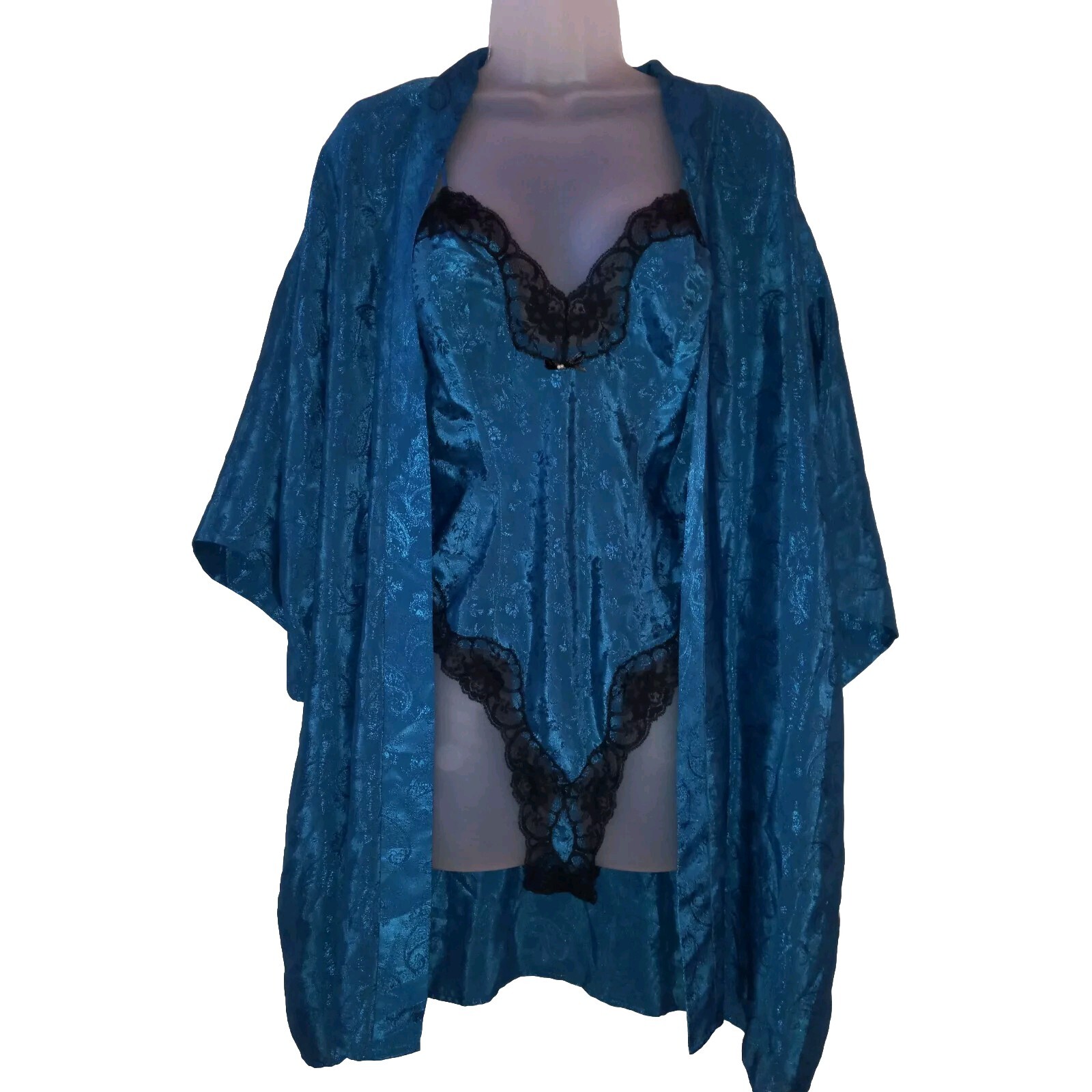 Vintafe 90s Delicates Blue Paisley Snap Crotch Teddy … - Gem