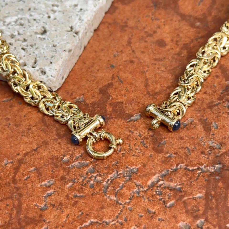 14KT Yellow Gold Byzantine Link Toggle Clasp Chain Necklace w Sapphires ...