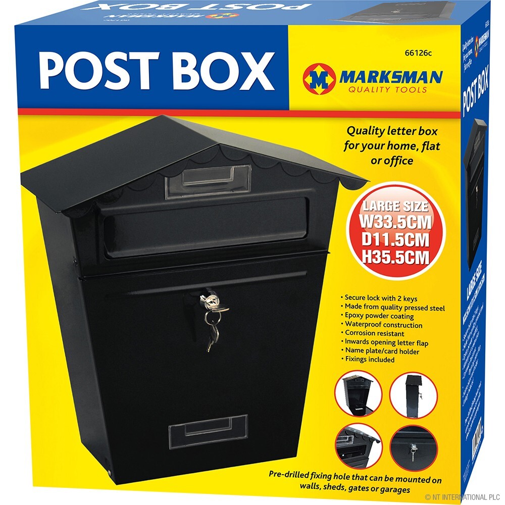 BLACK STEEL POST BOX POSTBOX LOCKABLE LETTERBOX MAIL WALL MOUNTED ...