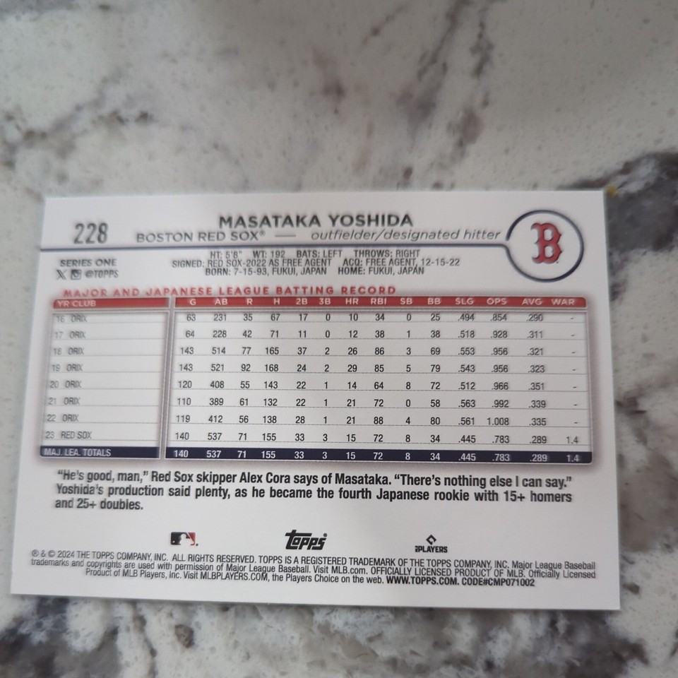 2024 Topps Blue Parallel Baseball Card - Masataka Yoshida #228 | eBay