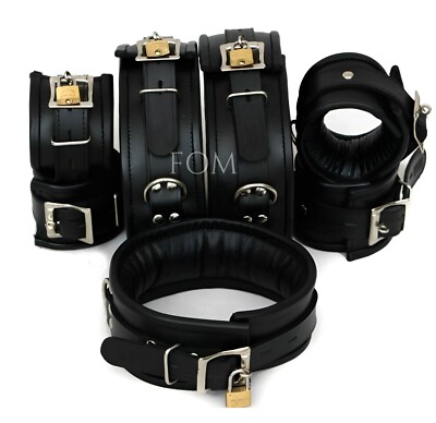 Real Leather Bondage Wrist Ankle Thigh Cuffs Collar Restraint Set BDSM ...