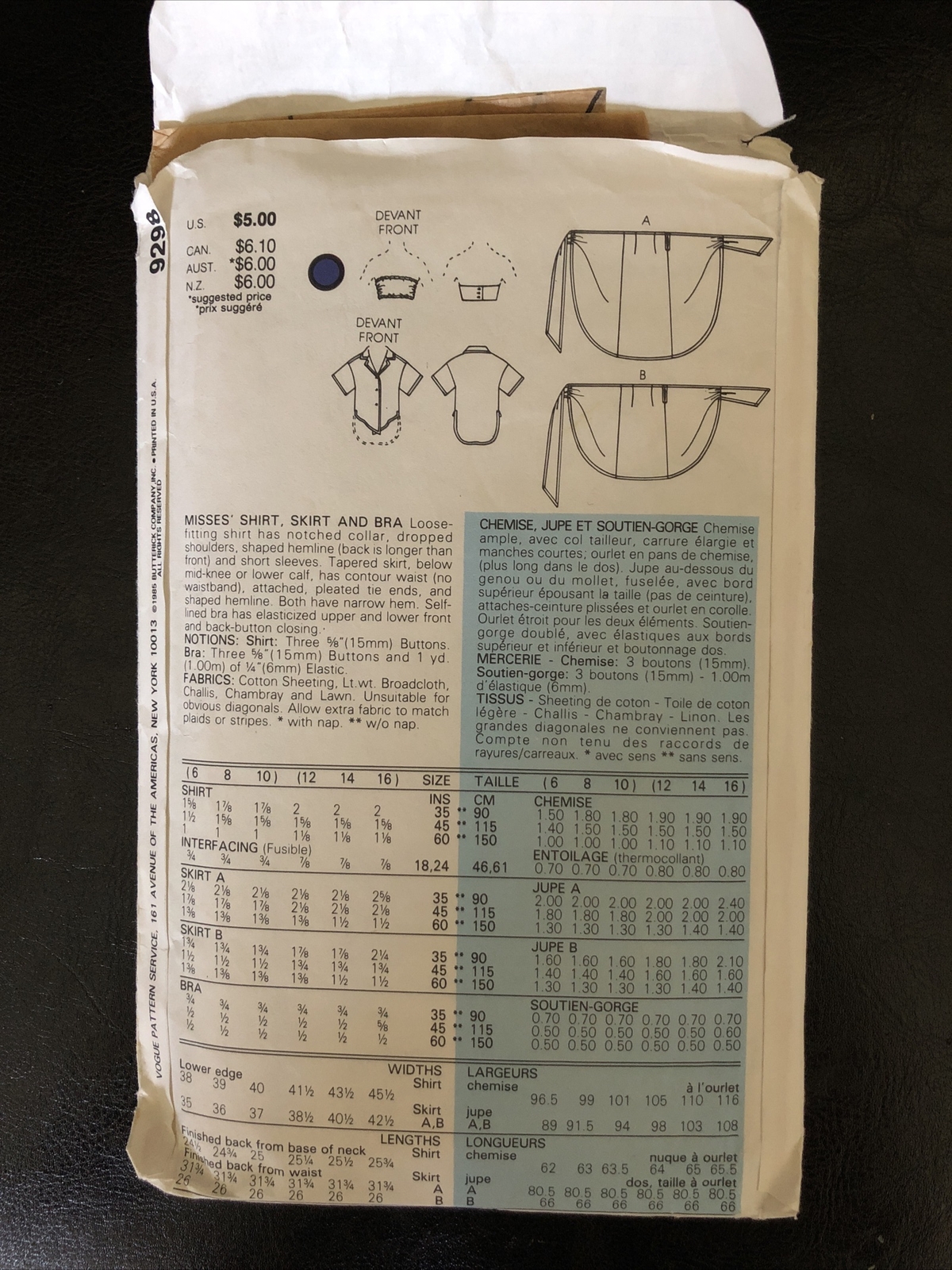 Vogue 9298 Shirt Skirt Bra Size 12-14-16 1985 CUT Pattern | eBay