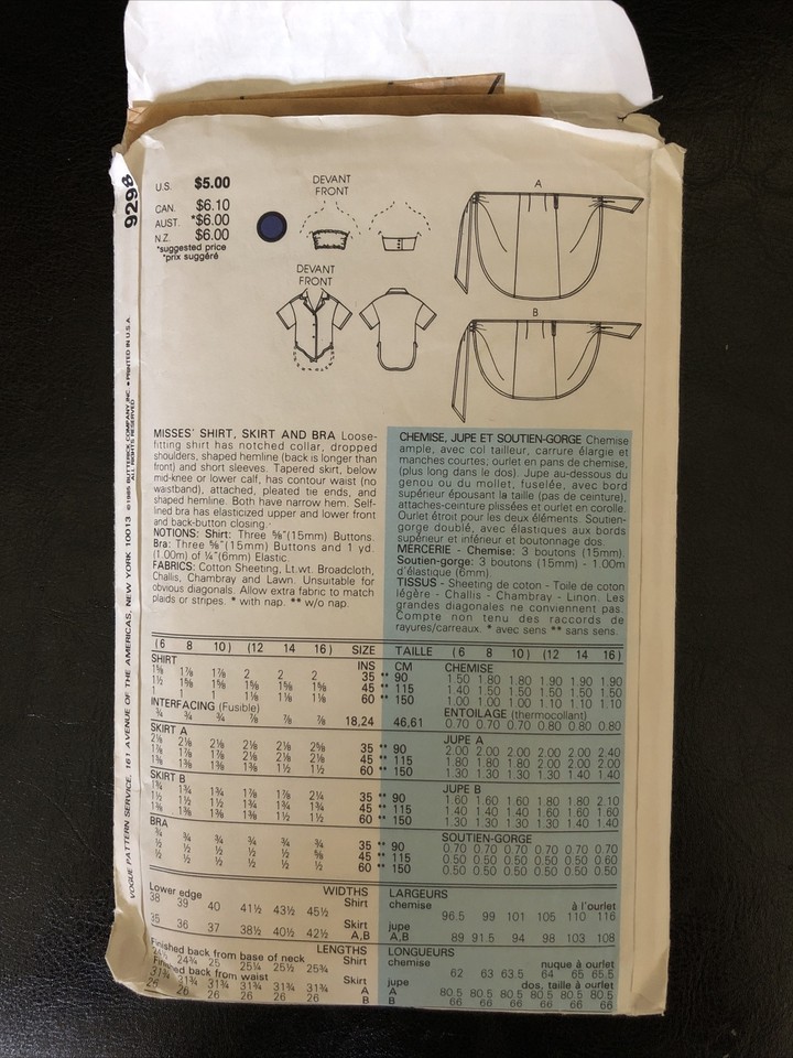Vogue 9298 Shirt Skirt Bra Size 12-14-16 1985 CUT Pattern | eBay