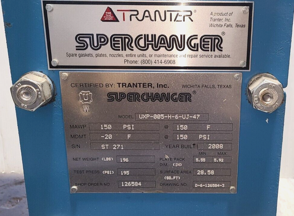 NEW TRANTER SUPERCHANGER HEAT EXCHANGER UXP-005-H-6-UJ-47 150 PSI Alfa ...