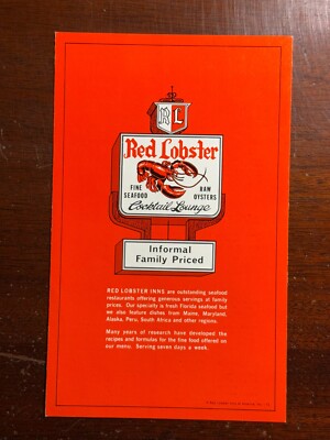 Red Lobster Inns Seafood Restaurant Cocktail Lounge 1970s Vintage Menu ...