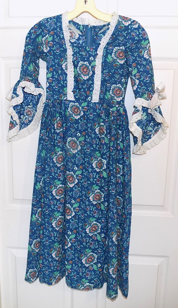 Vintage Girl's Teal Blue Colonial Style Long Dress Hi… - Gem