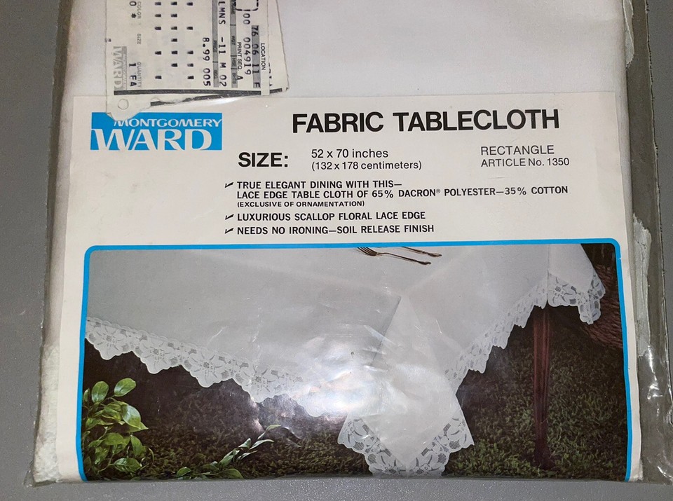 Vintage Montgomery Ward White Linen Rectangle Tablecloth Lace Scalloped ...