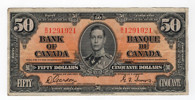 Bank of Canada 1937 $50 Fifty Dollars Radar Note 3 Digit B/H 1291921 VF ...