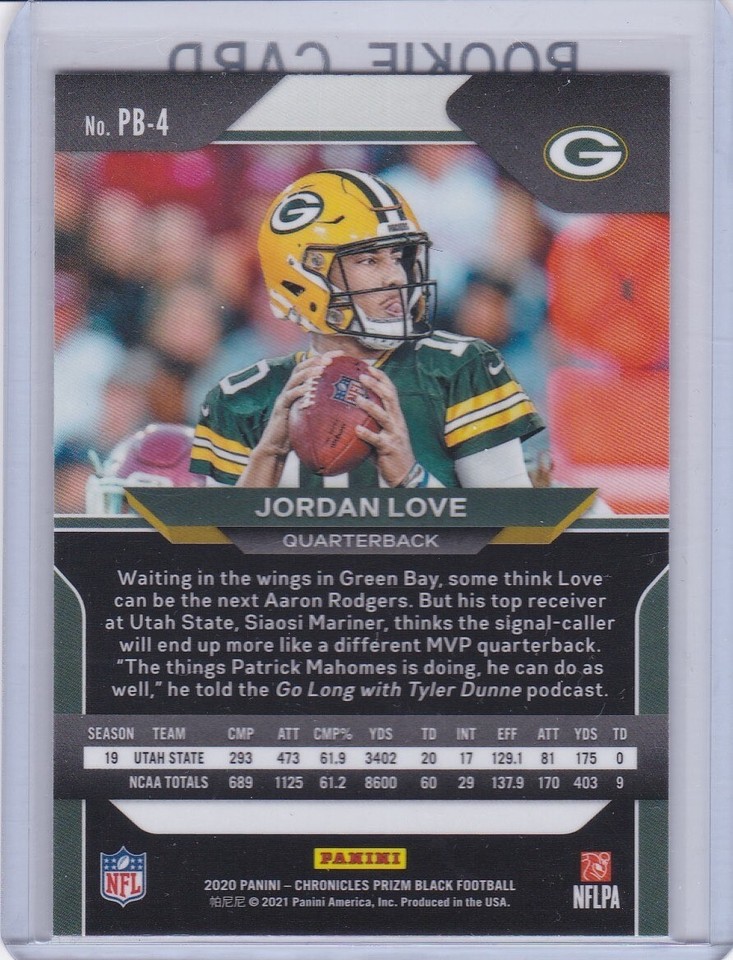 JORDAN LOVE ROOKIE CARD 2020 Panini BLACK PRIZM $$ RC Football GREEN ...