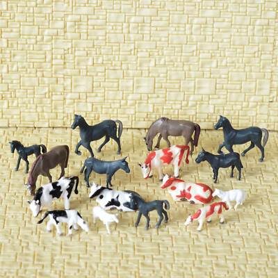 16 x HO scale model railroad scene farm animals mixed horse cow pony ...