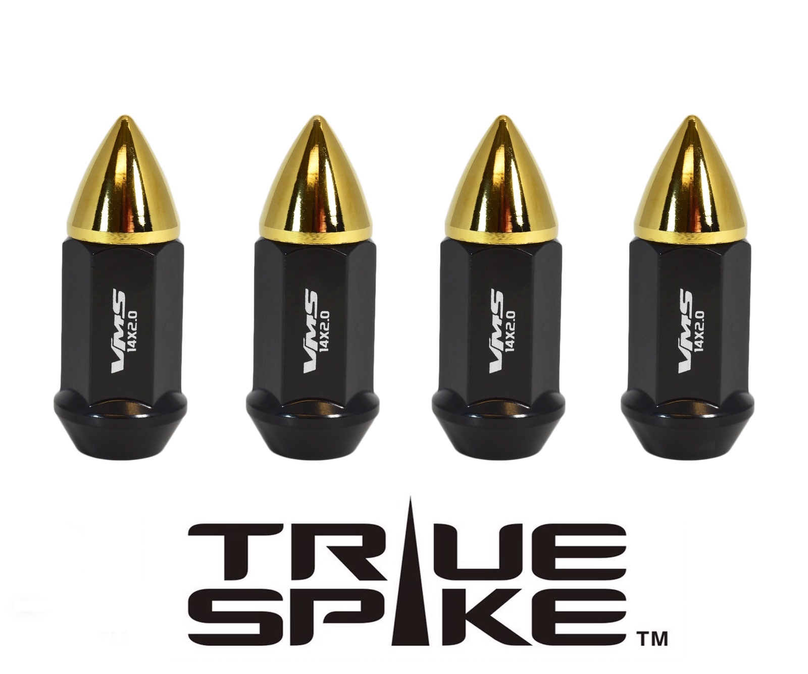 32 TRUE SPIKE 60MM 14X2.0 STEEL EXTENDED LUG NUTS W/ GOLD BULLETS FORD ...