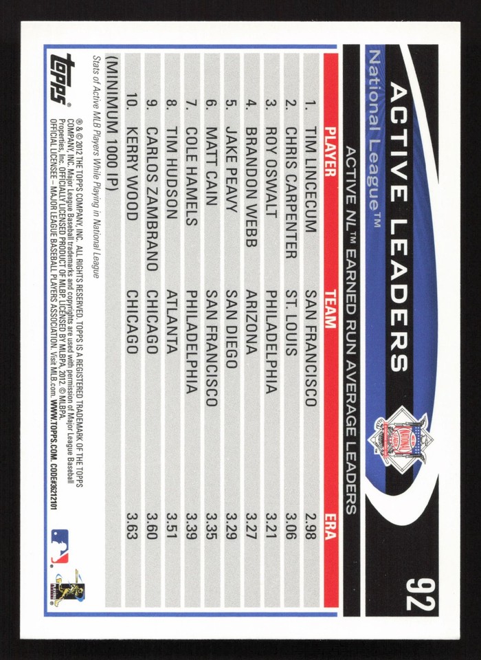 2012 Topps #92 Tim Lincecum/Chris Carpenter/Roy Oswalt GOLD SPARKLE ...