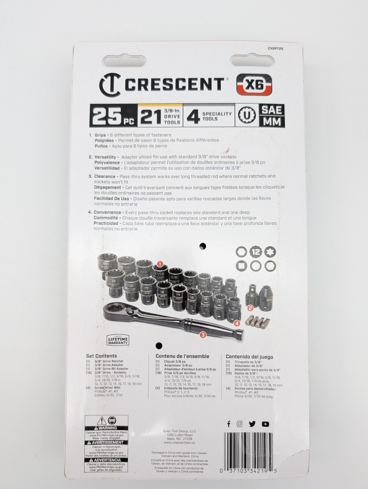 Crescent CX6PT25 Passthrough X6 Metric & SAE Spline & Socket Ratchet ...