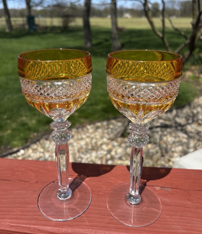 2 Vintage Yellow Bohemian Czech Cut To Clear Crystal Hock Wine Glass ...