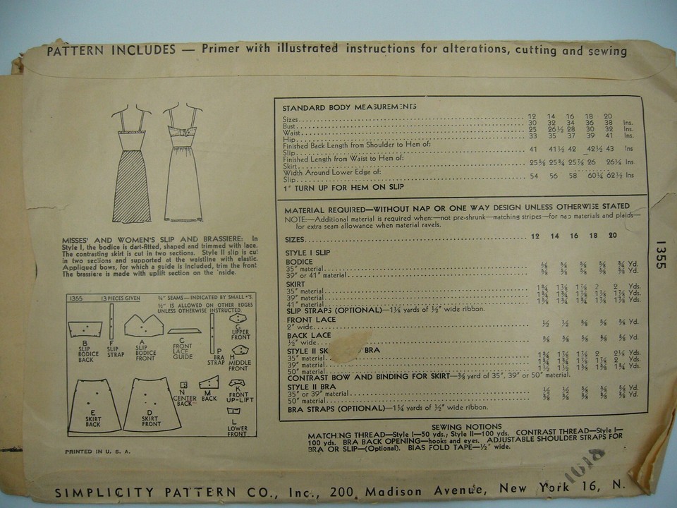 Vtg 1940s Simplicity slip & bra Pattern #1355, size 14=bust 32" | eBay