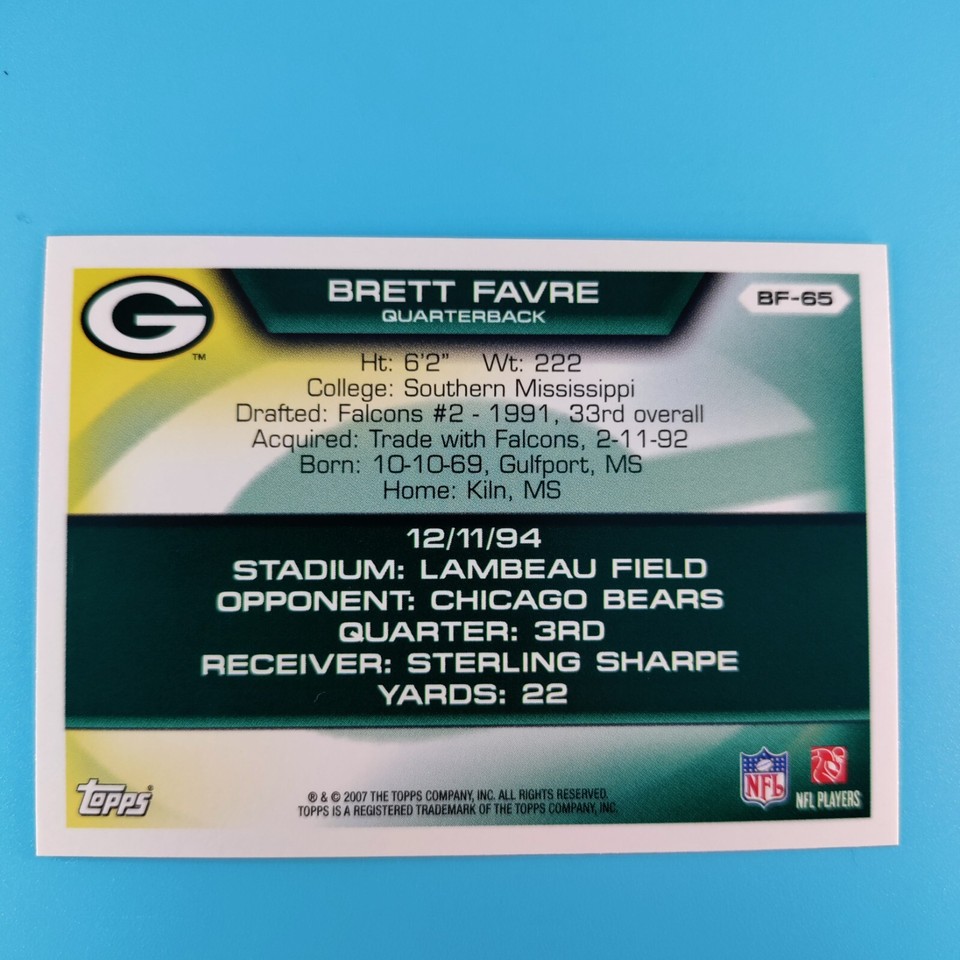 2007 Topps Football Card #BF-65 Brett Favre Packers FLIGHT TO 420 ...