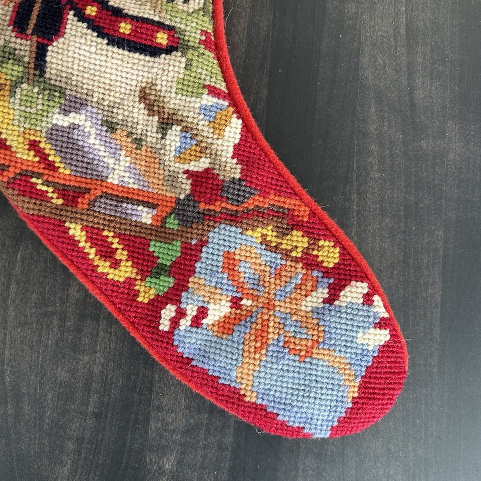 Vintage Handmade Needlepoint Christmas Stocking Wool Velvet Teddy Bear ...
