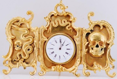 Desk Clock Antique Gilt Bronze Miniature Memento Mori Skull Doctor's ...