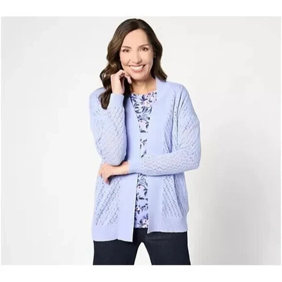Denim & Co. Novelty Open Front Long Sleeve Cardigan Periwinkle,Large ...