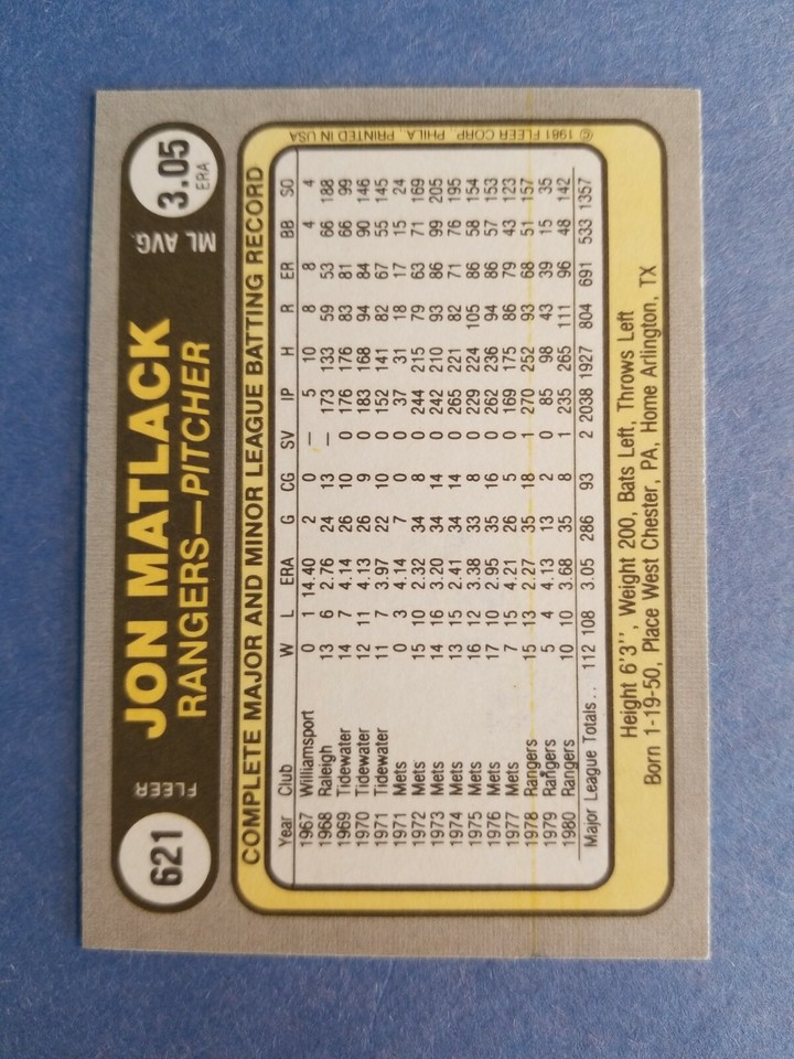 Jon Matlack Texas Rangers 1981 Fleer #621 Autographed Baseball Card | eBay
