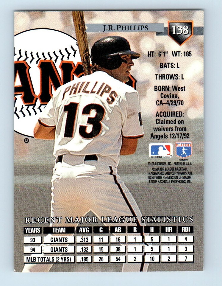 1995 Donruss J.R. Phillips San Francisco Giants #138 | eBay