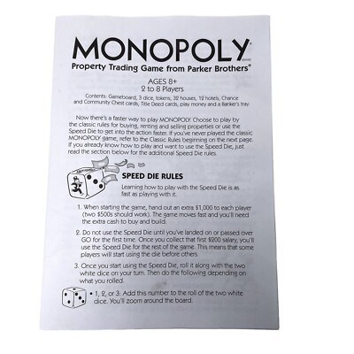 Monopoly Board Game Instruction Manual Guide Speed Die Classic Rules ...