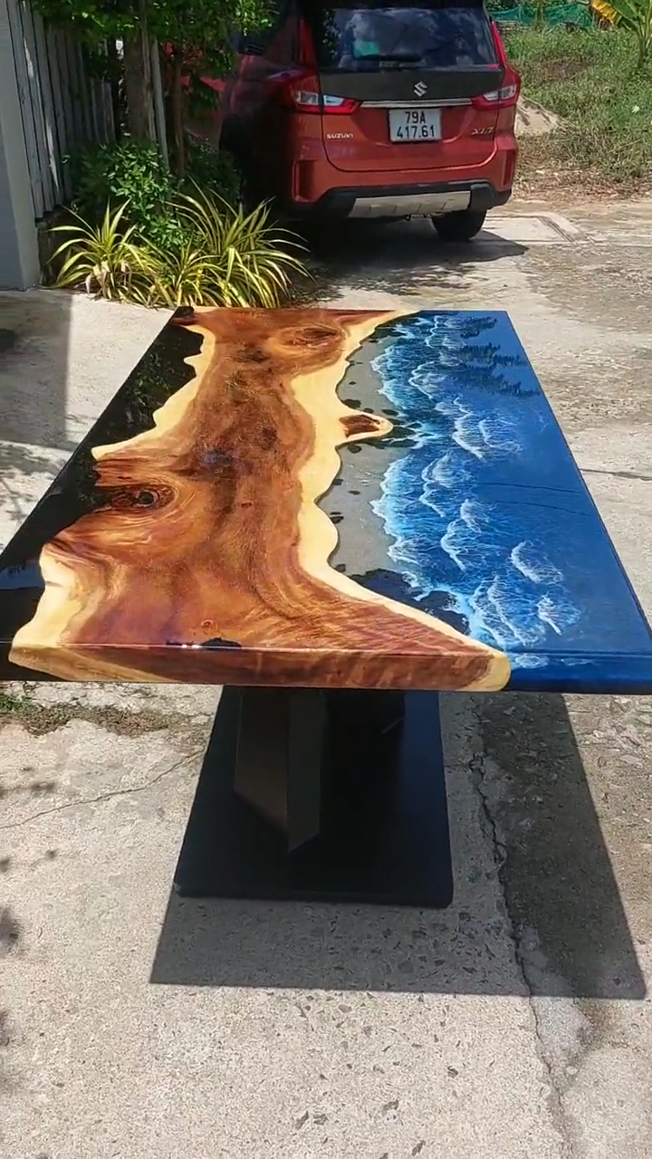 Custom Epoxy Resin River Ocean Wave Resin Coffee Table Wood Plank ...