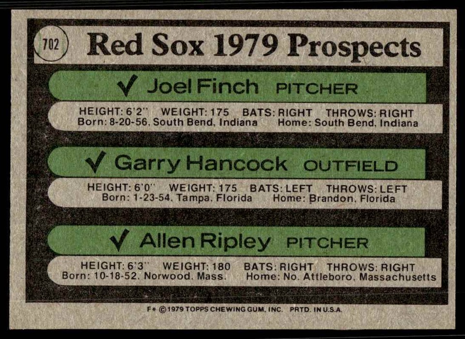 1979 Topps Red Sox Prospects - Joel Finch/Garry Hancock/Allen Ripley RC ...