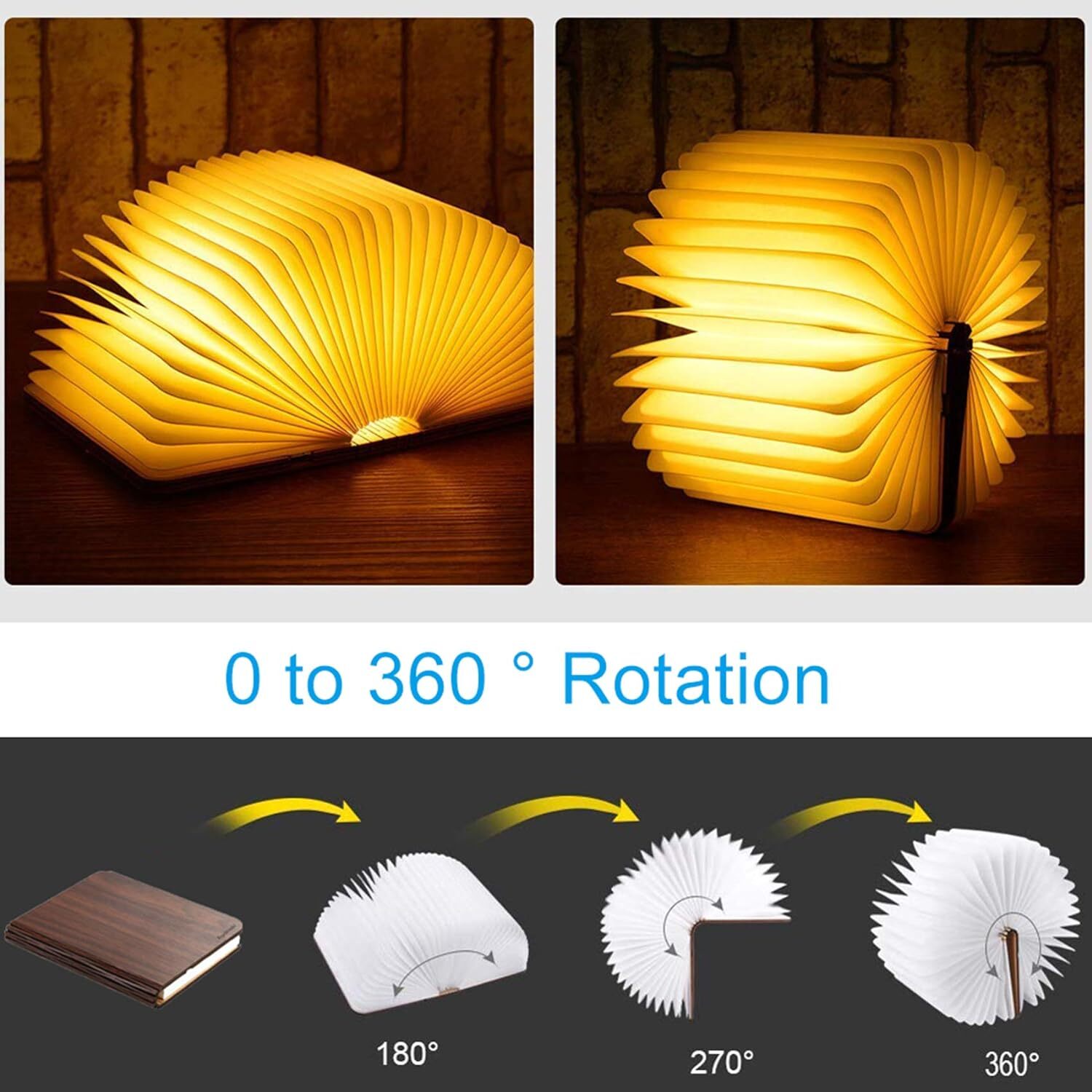 EasyULT Wooden Book Lamp, LED Folding Book Light Magnetic USB ...
