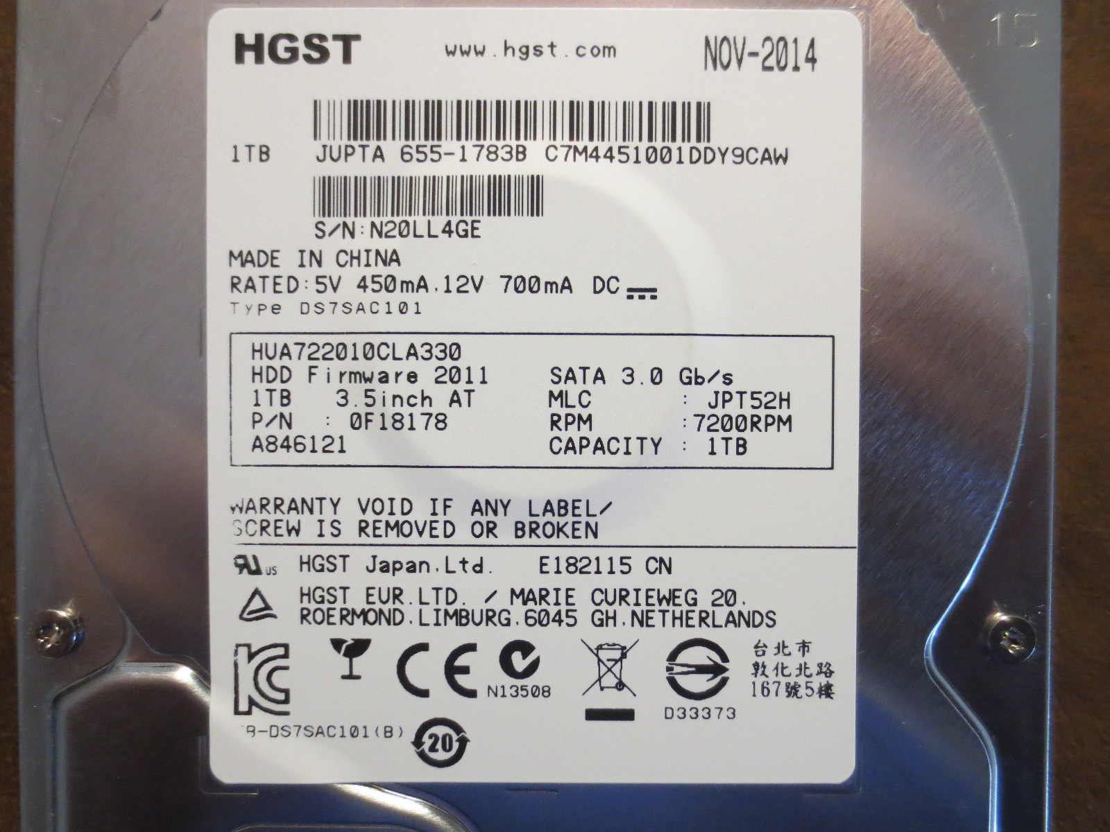 Hitachi HUA722010CLA330 PN:0F18178 MLC:JPT52H Apple#655-1783B 1.0TB ...