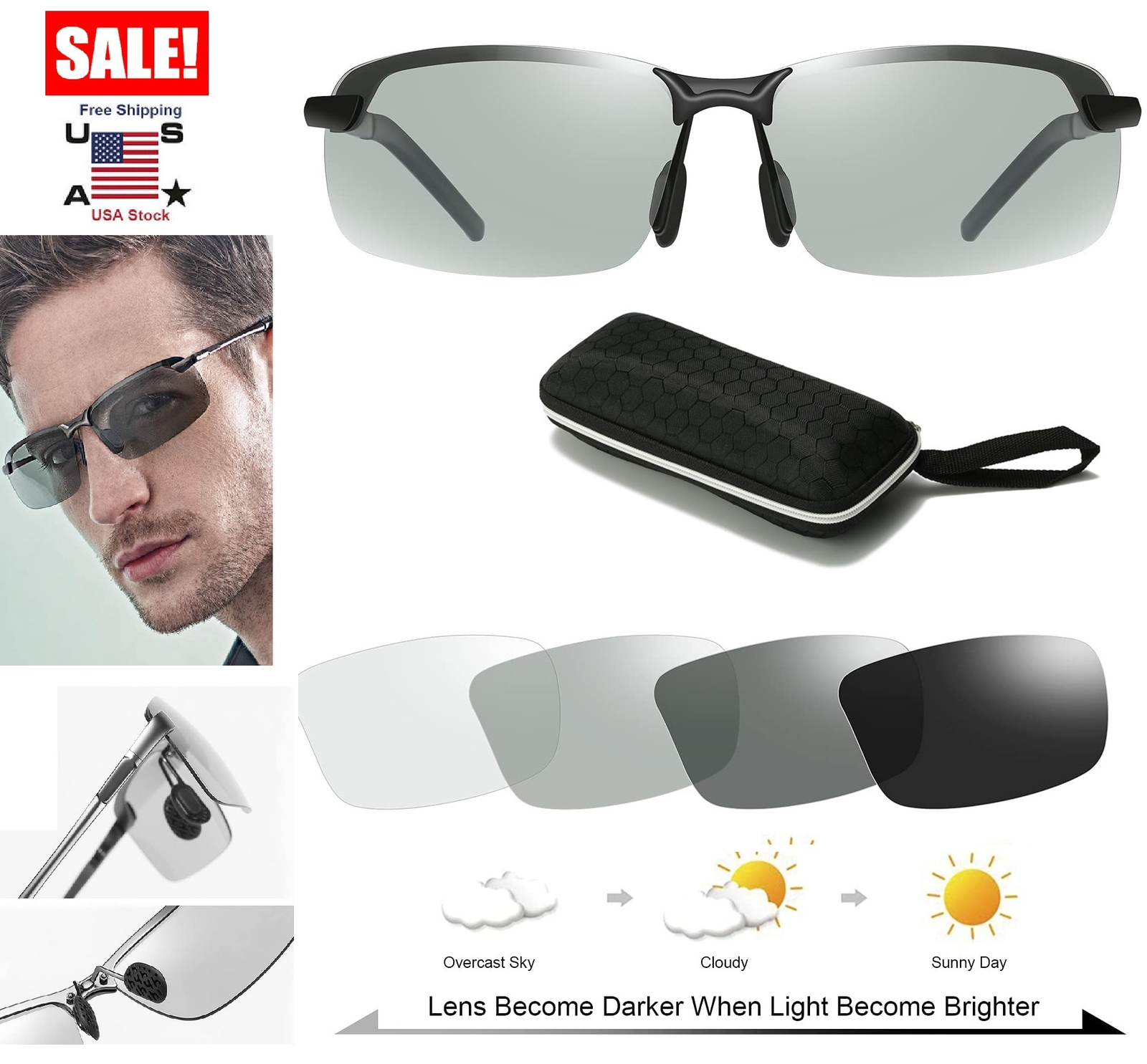 2× Polarized Photochromic Sunglasses Men Summer Driving Transition Lens ...