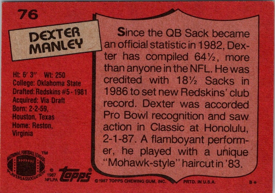 1987 Topps Dexter Manley #76 Washington Redskins Football Card | eBay