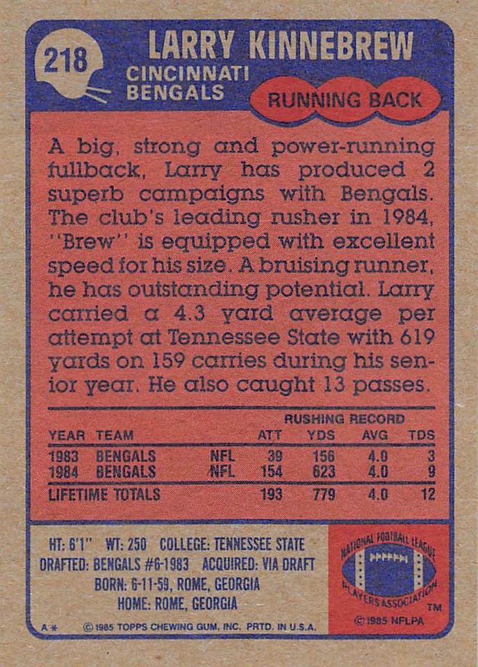 Larry Kinnebrew 1985 Topps #218 RC Bengals ID:24406 | eBay