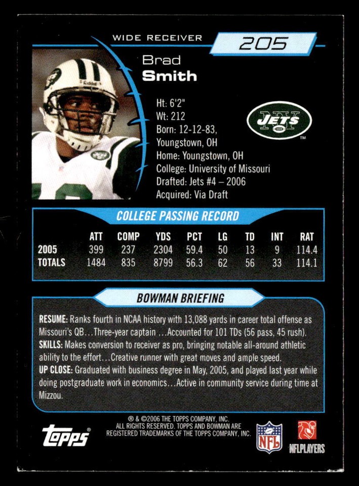 Brad Smith 2006 Bowman Rookie Card #205 New York Jets | eBay