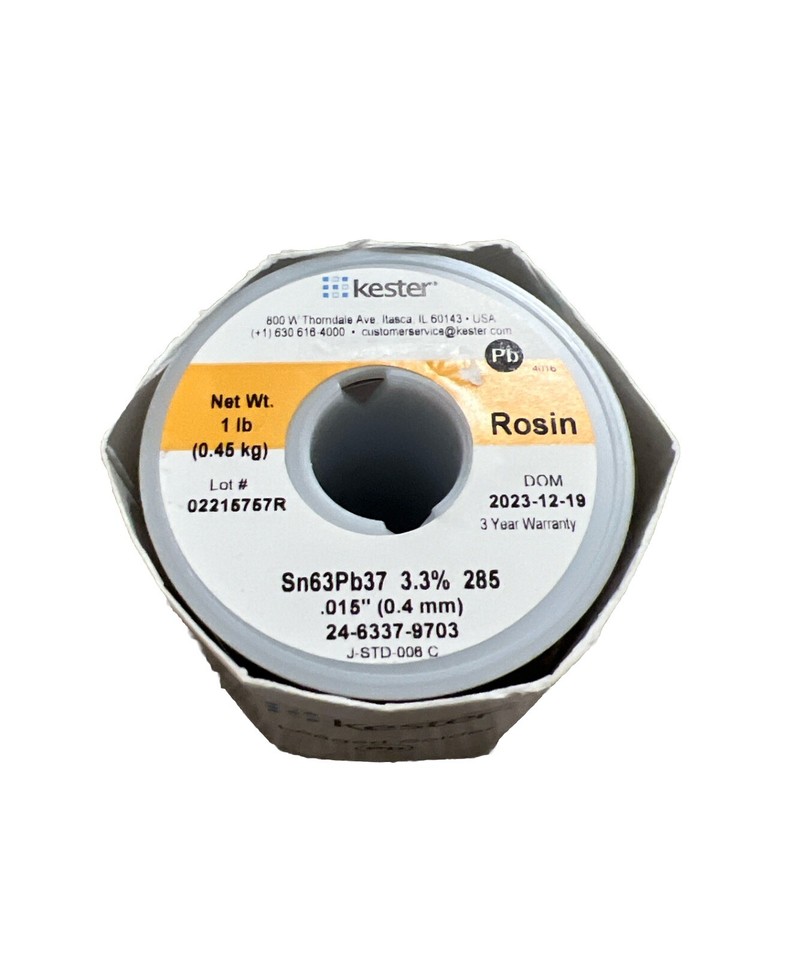 Kester 24-6337-9703 285 .015” Rosin Flux-Cored Wire - 1 lb DOM: 12/2023 ...