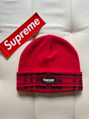 Supreme Knit Plaid Cuff Red Beanie Hat Box Logo | eBay