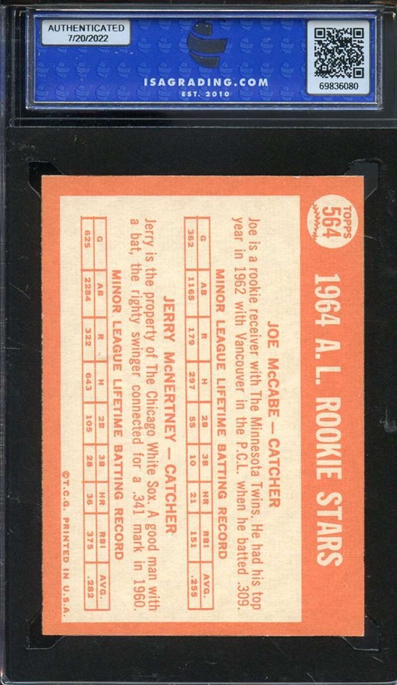 1964 TOPPS #564 AL ROOKIES JOE MCCABE/JERRY MCNERTNEY ISA 8 (RC ...