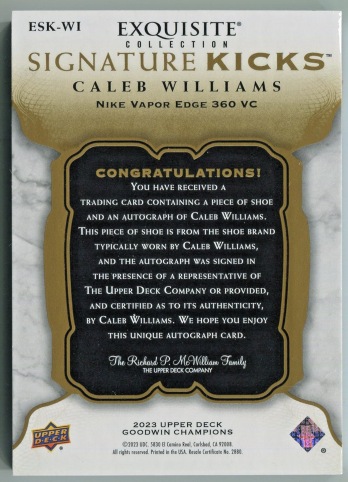 2023 UD Exquisite Signature Kicks Patch Auto Nike Logo Caleb Williams ...