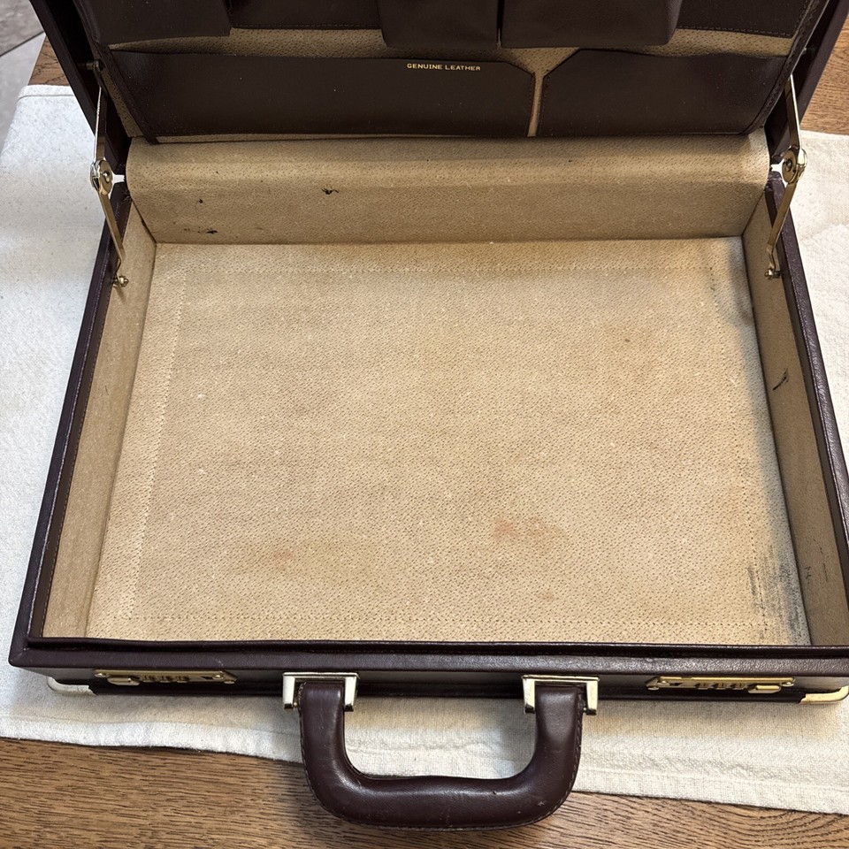 Vtg Genuine Leather Combination Lock Briefcase Hardshell Attache ...