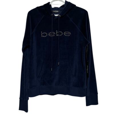 Bebe Sport Women's Navy Blue Velour Rhinestone Hoodie Thumb Hole Size M ...