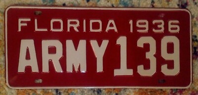 VINTAGE 1936 FLORIDA ARMY LICENSE PLATE - EXCELLENT CONDITION # ARMY ...