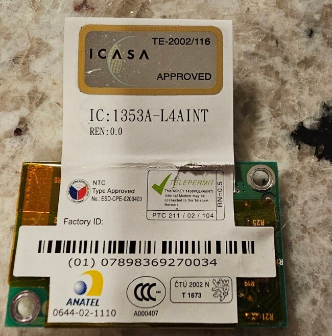 TOSHIBA SATELLITE LAPTOP MODEM CARD TE-2002/116 G86C000F110 | eBay