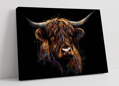 SPLASH ART STYLE HIGHLAND COW BLACK BACKGROUND CANVAS WALL ARTWORK PIC ...