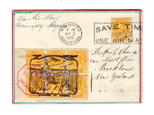D781 Canada - Winnipeg MB 1930 Airmail FFC / Admiral Booklet Pane to NZ ...