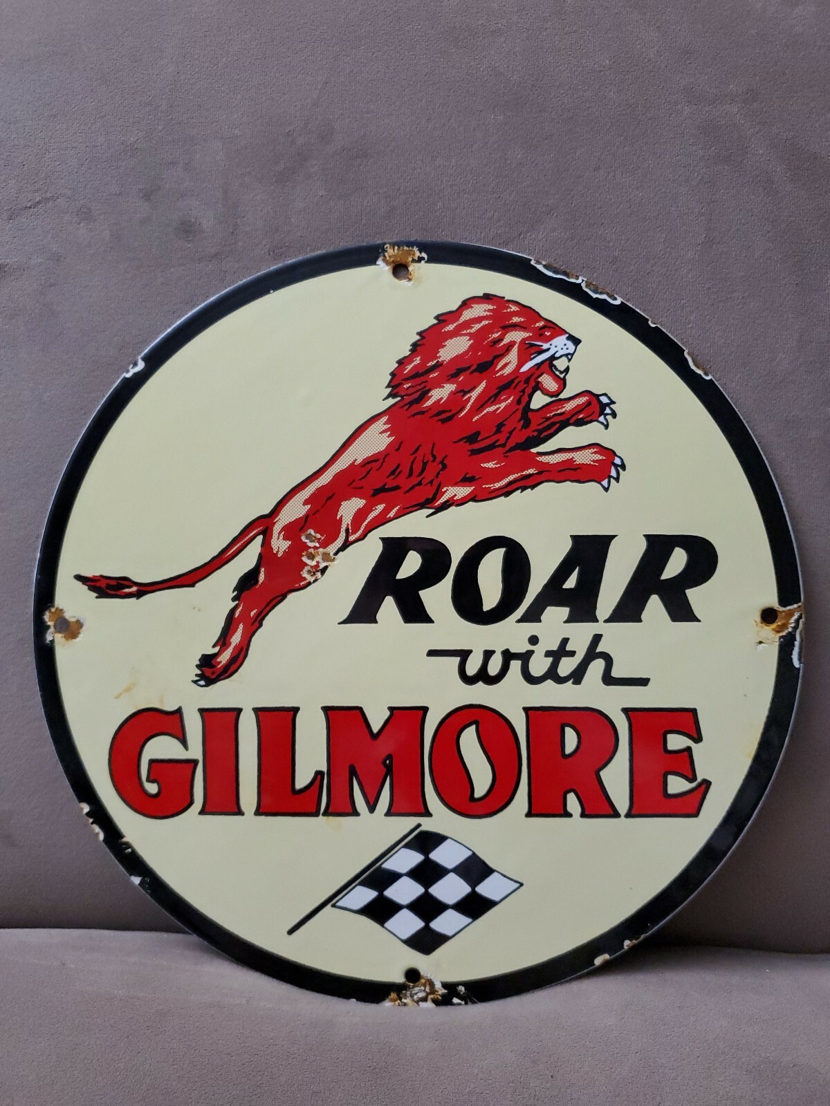 VINTAGE GILMORE GASOLINE MOTOR OILS 11 3/4" PORCELAIN GAS SIGN LUBESTER ...