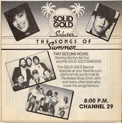 1985 TV AD SOLID GOLD DANCERS ELTON JOHN & THE BEACH BOYS MARILYN McCOO ...
