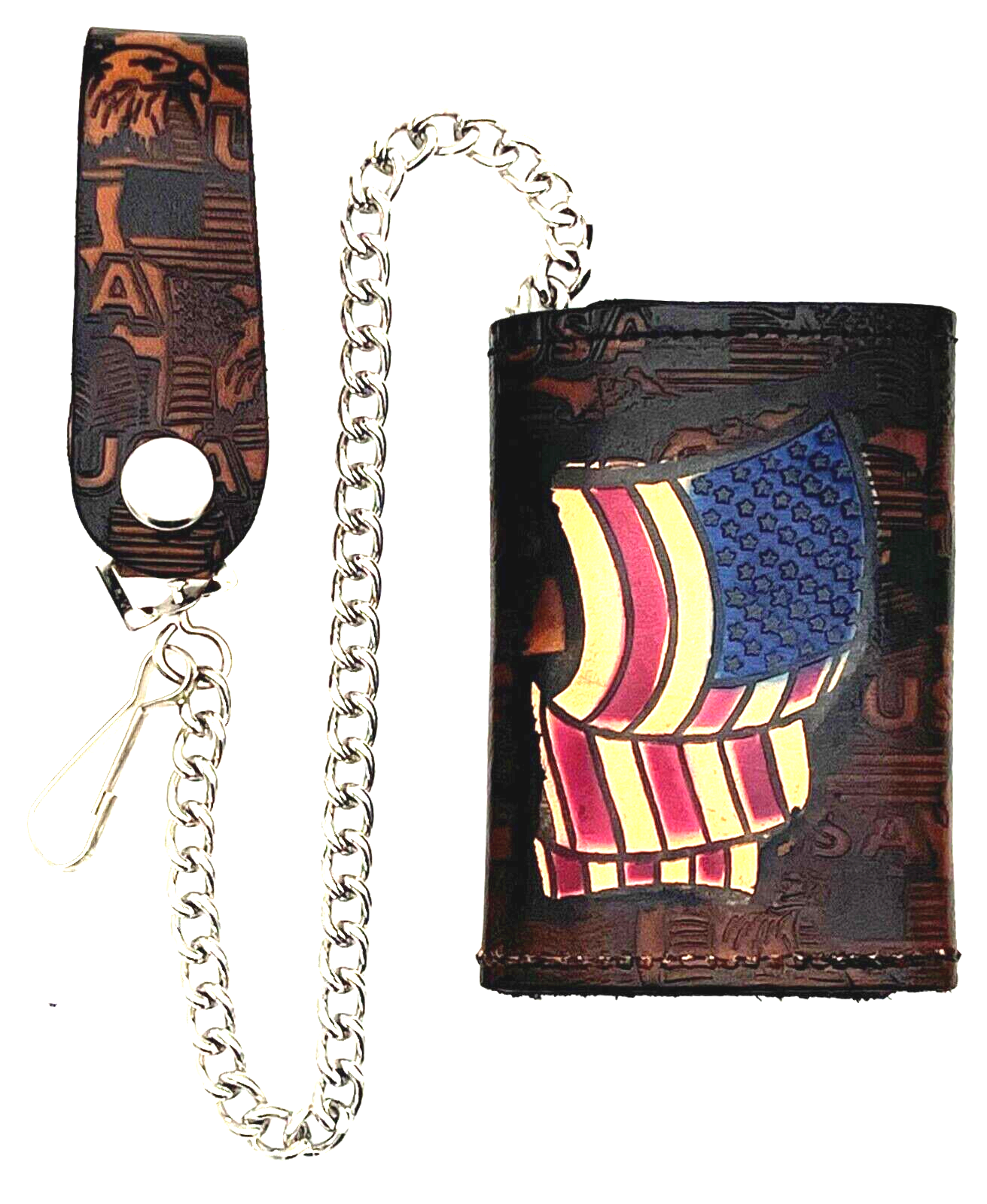 Genuine Leather Trifold Embossed American Flag Chain Wallet Made in USA ...