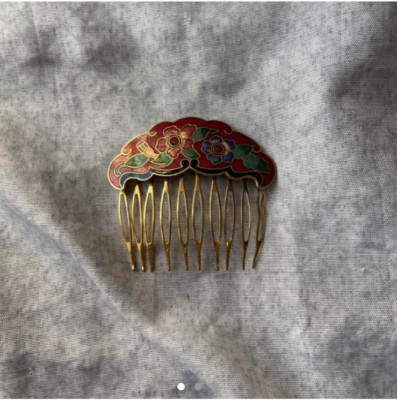 Vintage Red Floral Flower Enamel Brass Gold tone Hair pin Hairpin Comb ...